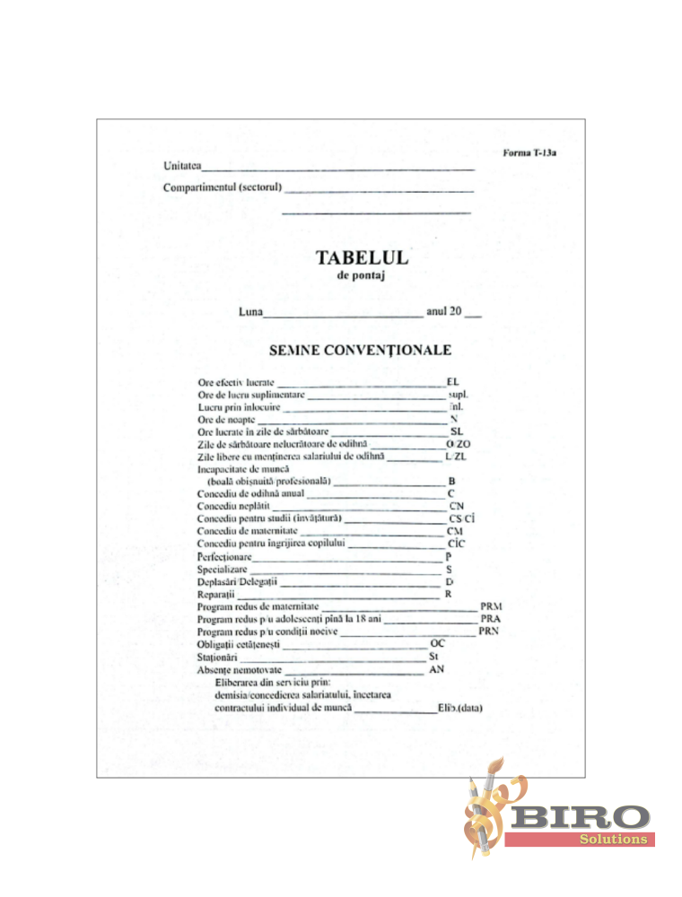 Tabel de evidență a timpului de muncă MR-13a - Biro Solutions, Livrare ...